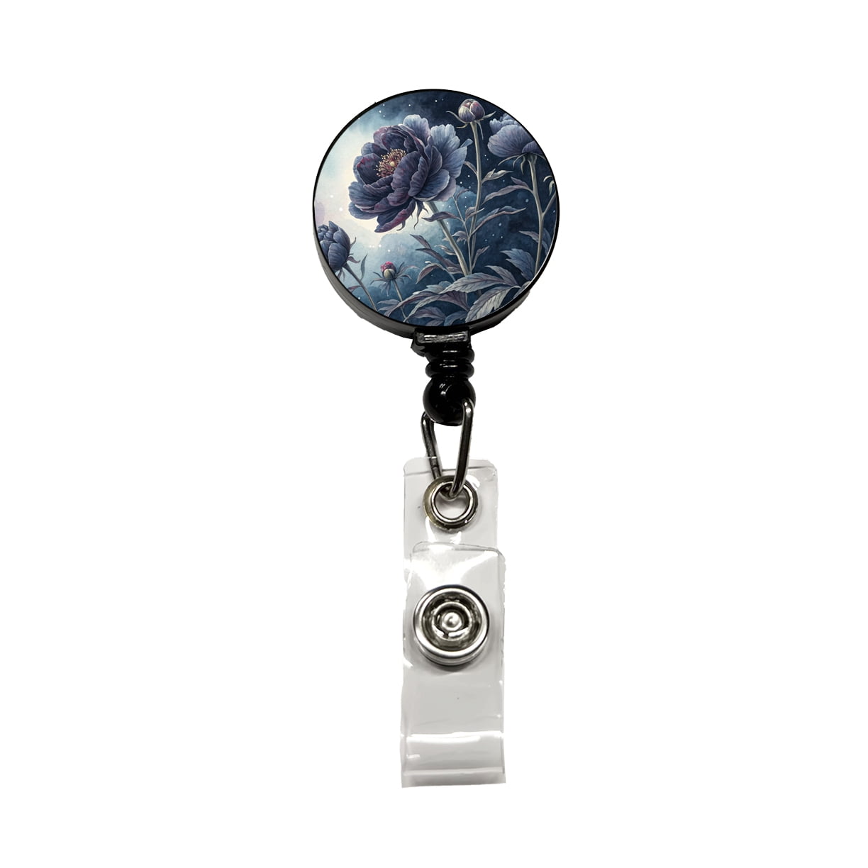 Black Peony Flowers Retractable Reel ID Badge Key Card Name Tag Holder ...