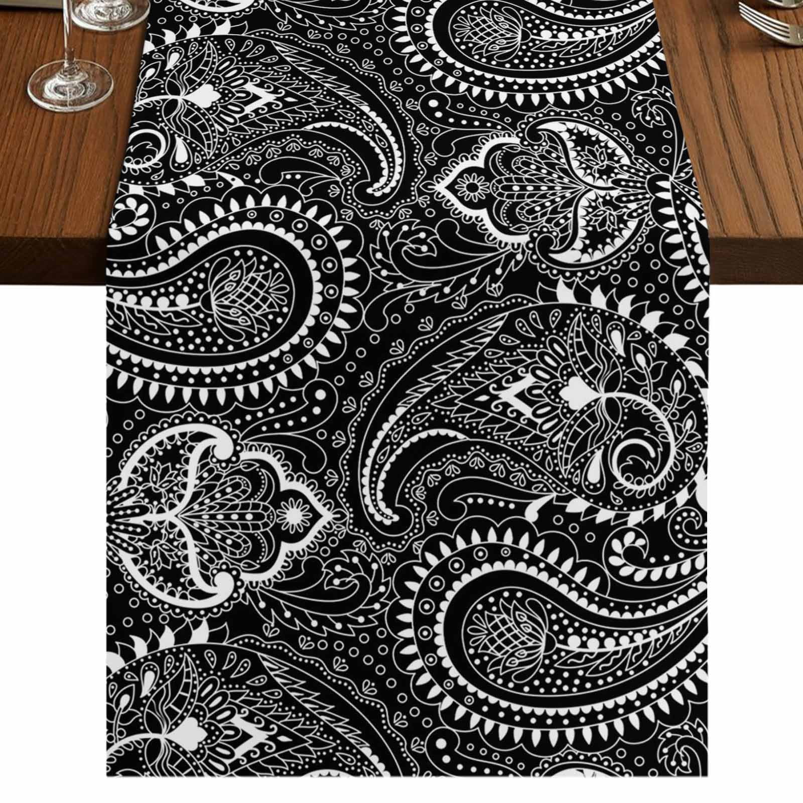 Black Pesley Flower 120 Inch Table Runner, Boho Vintage Ethnic Floral ...