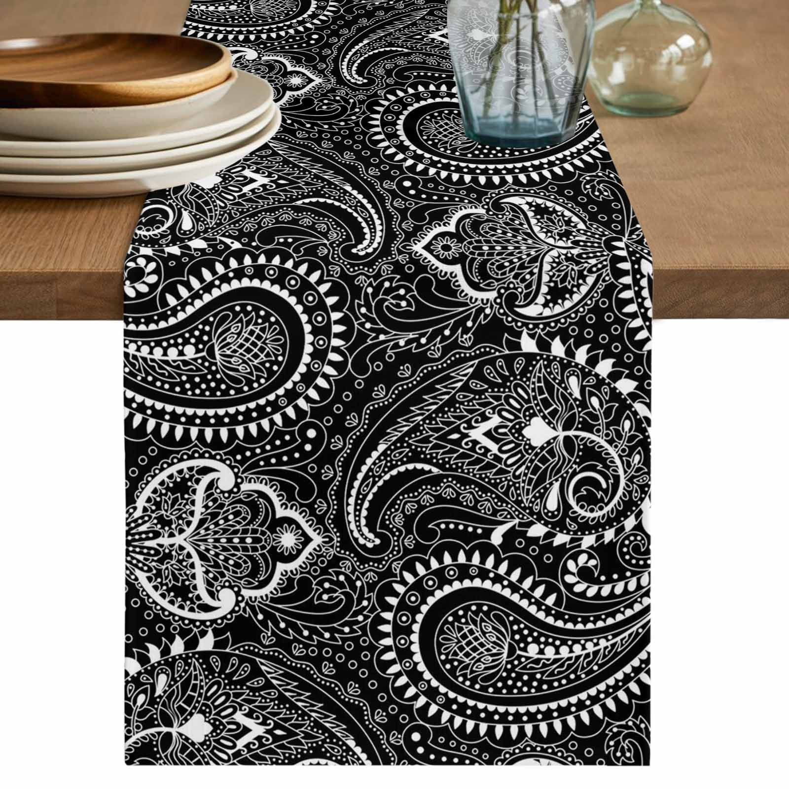 Black Pesley Flower Table Runner 70 Inches, Boho Vintage Ethnic Floral ...