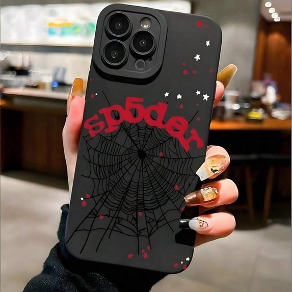 Black Phone Case with Letter & Spider Web Pattern for iPhone and Galaxy ...