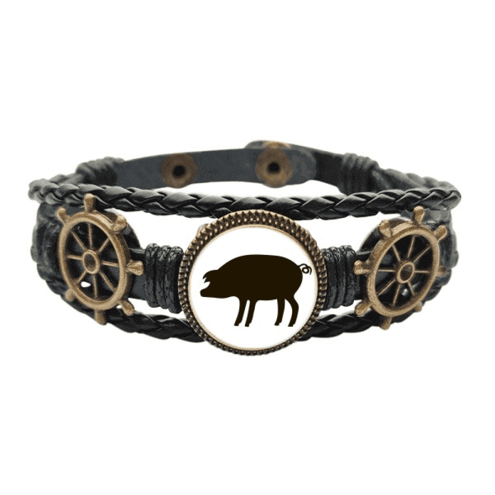 Black Pig Animal Portrayal Leather Braided Ocean Bracelet Wristband ...