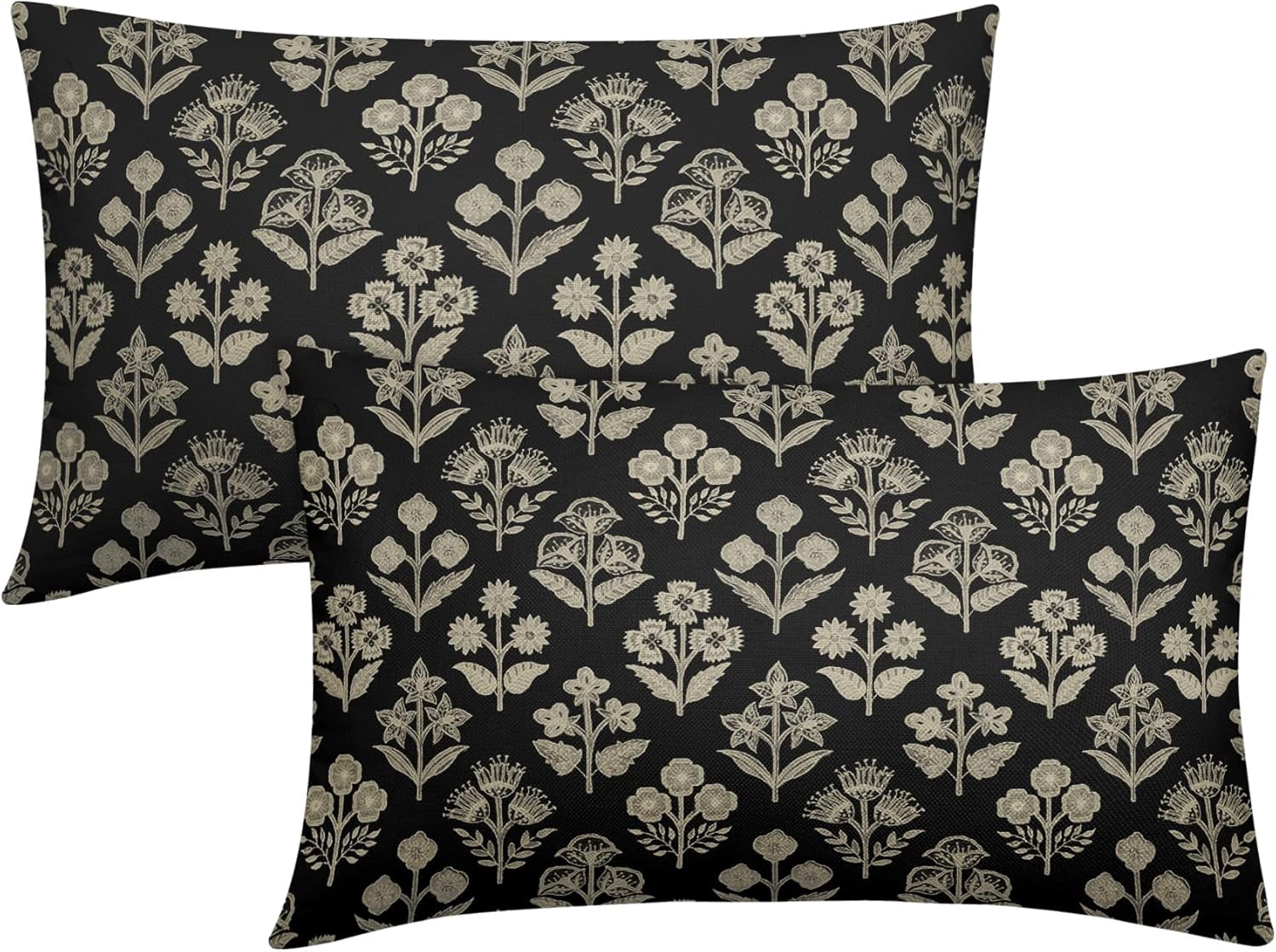 Black Pillow Covers 12x20 Inch Set of 2, Cream Floral Block Print ...