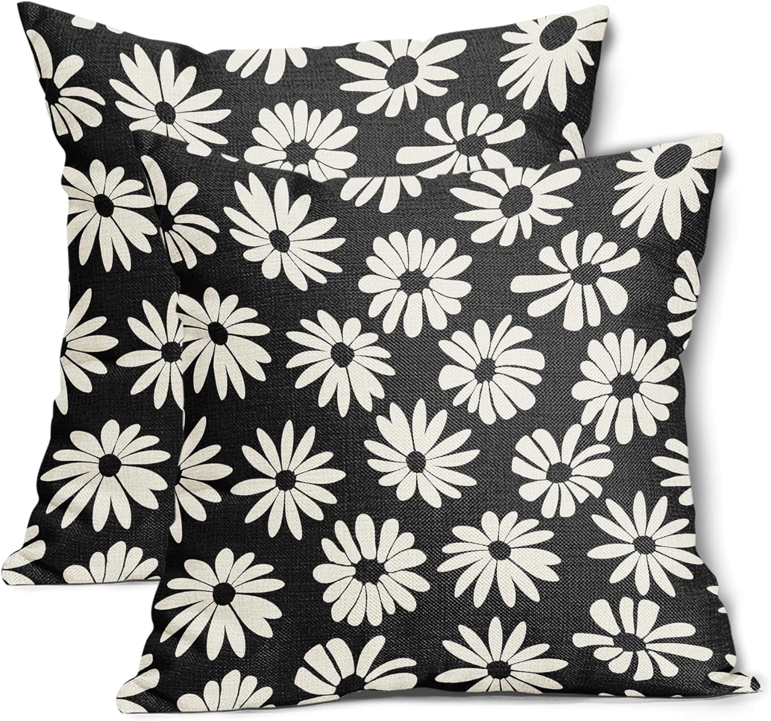 Black Pillow Covers 18X18 Inch White Floral Daisy Geometry Decorative ...