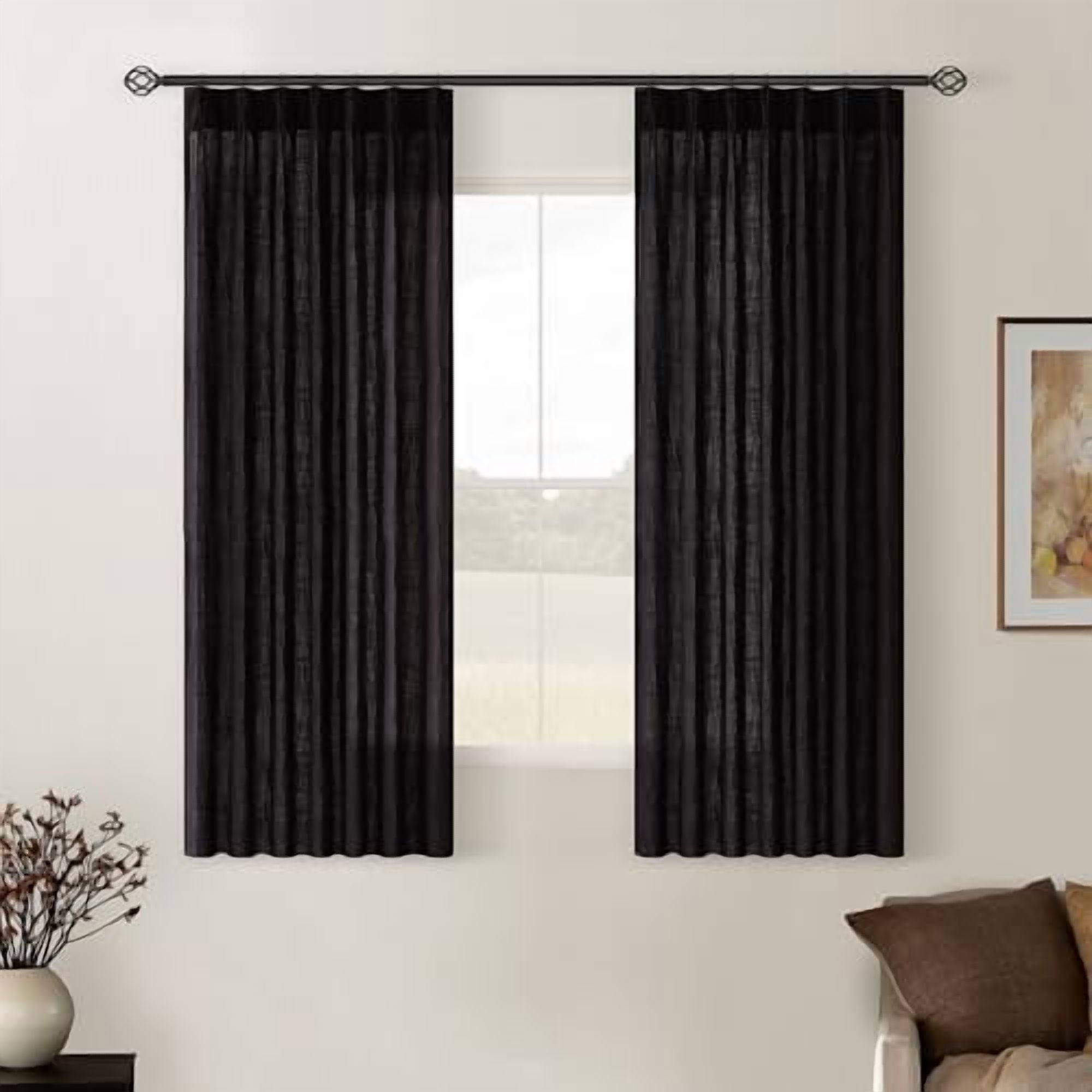 Black Pinch Pleated Linen Cafe Curtains 45 Inch Length 2 Panels for ...
