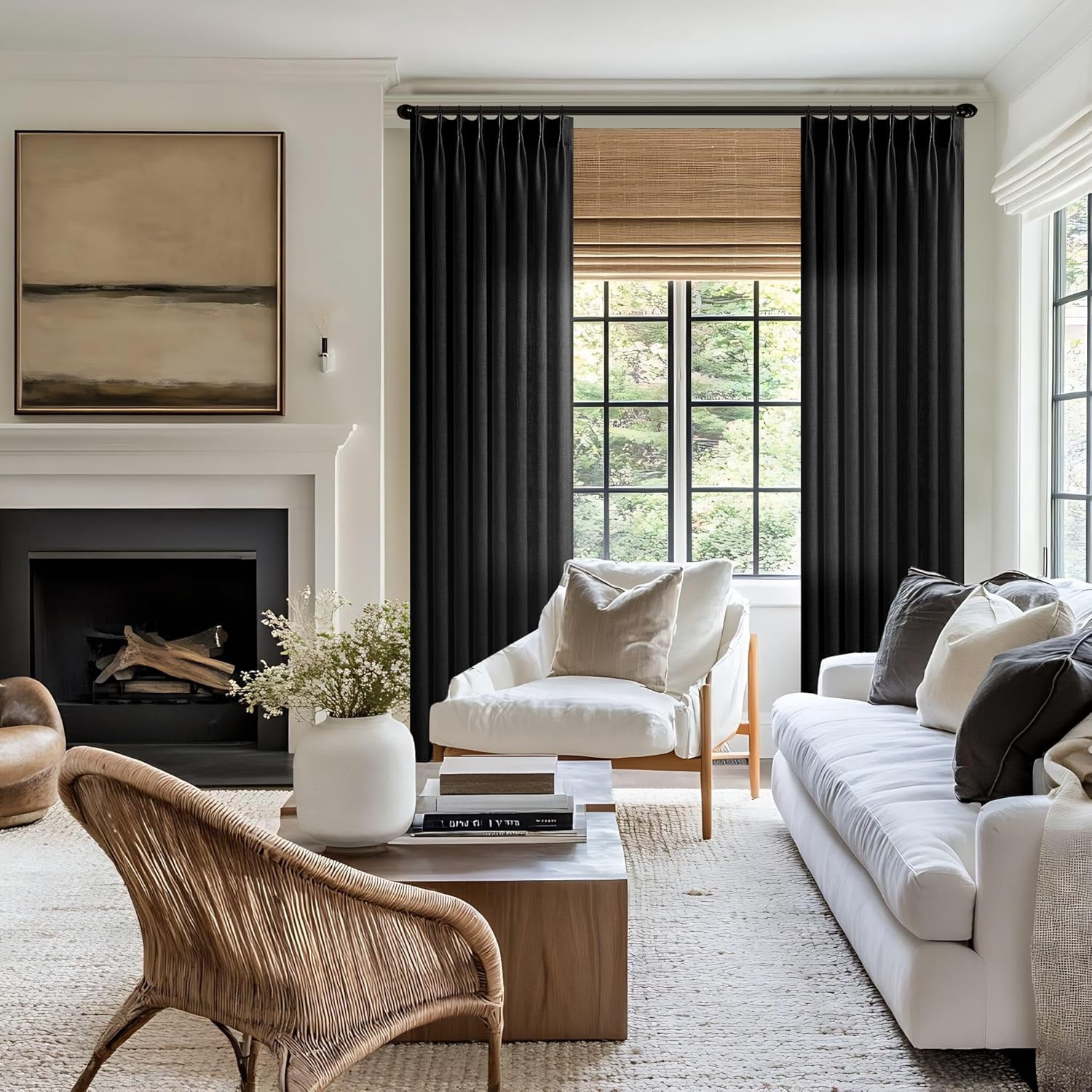 Black Pinch Pleated Linen Curtains 102 Inches Long for Living Room ...