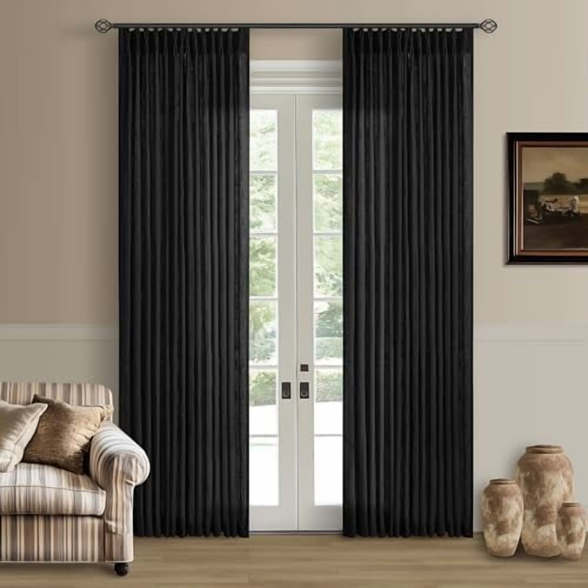 Black Pinch Pleated Linen Curtains 80 Inches Long for Living Room ...