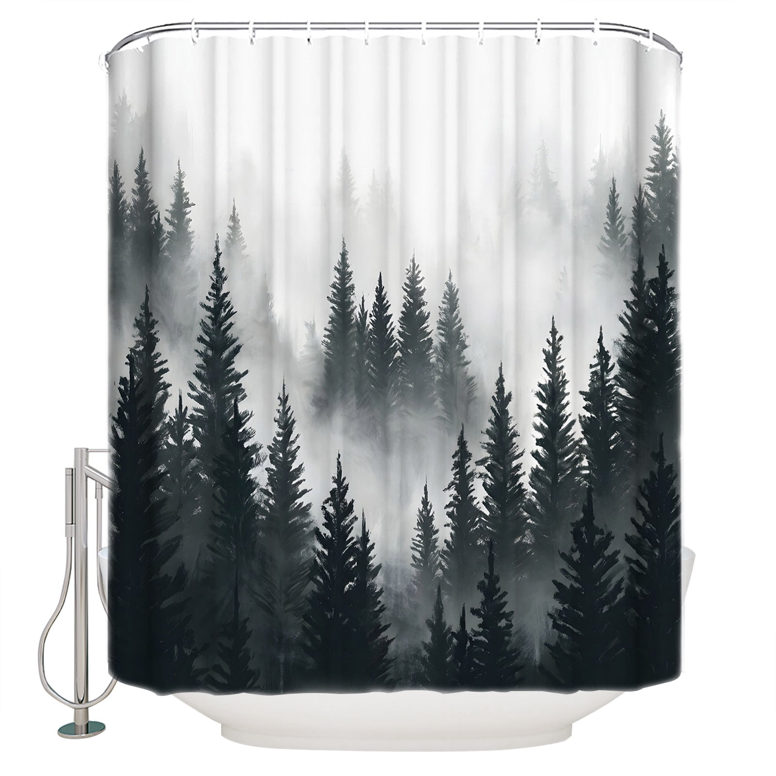 Black Pine Forest Bathroom Shower Curtains with 12 Hooks Polyester ...