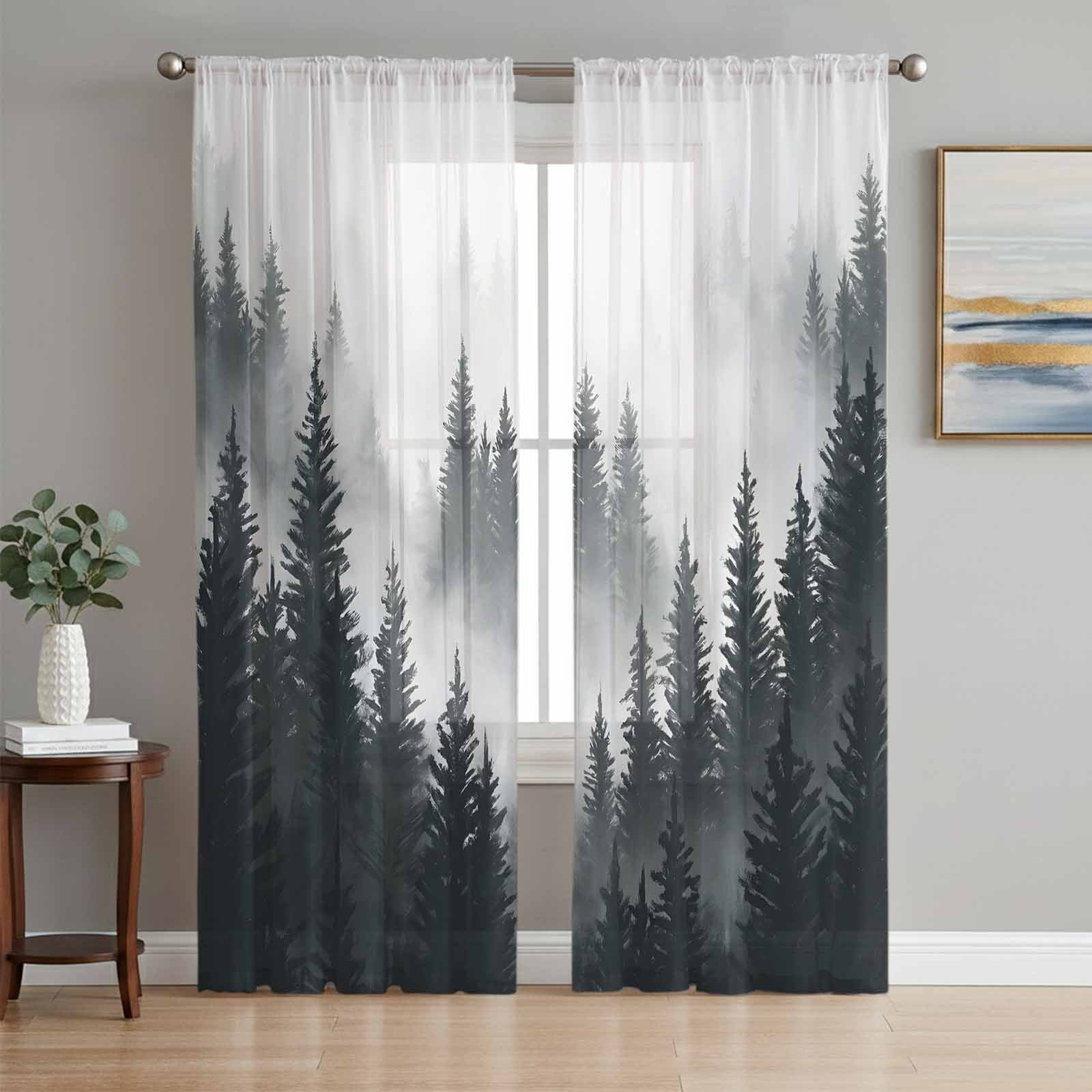 Black Pine Forest Sheer Curtains 84 Inch Length 2 Panels Set, Misty ...