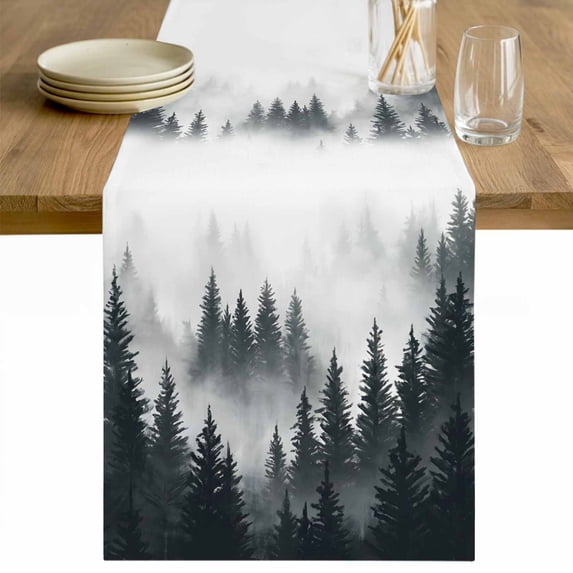 Black Pine Forest Table Runner - 108 Inch Long Misty Tree Clouds Nature ...