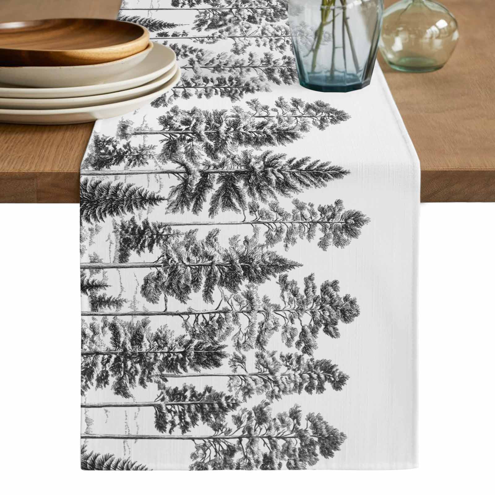 Black Pine Tree Table Runner, Vintage Watercolor Botanical Washable ...