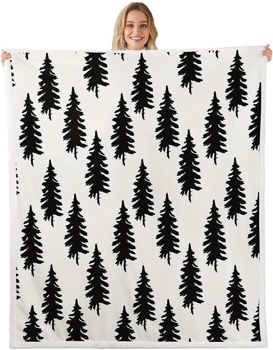 Black Pine Trees Printed Decor Throw Blanket White Background Bed ...