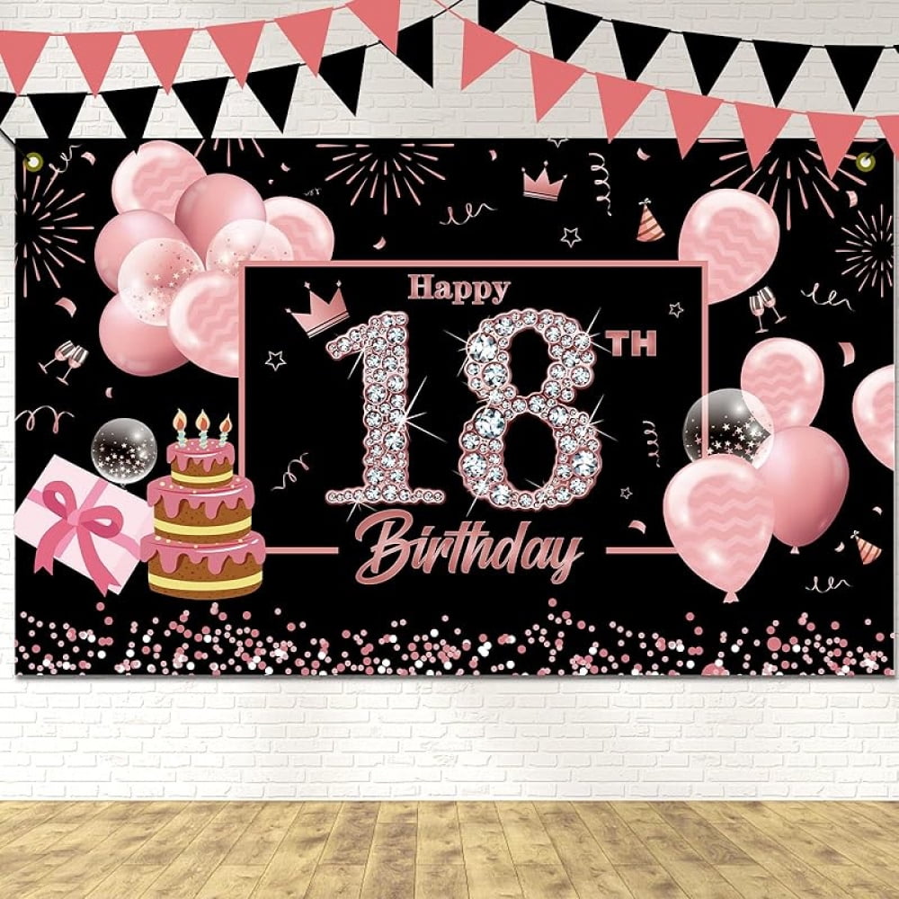 Black Pink 18th Birthday Backdrop Banner 5.9x3.6 Ft - Photo Booth ...