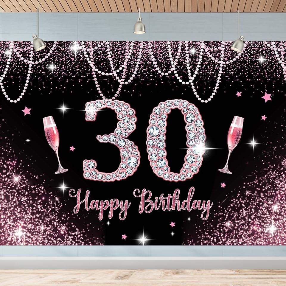 Black Pink 30th Birthday Backdrop Pink Champagne 30 Happy Birthday ...