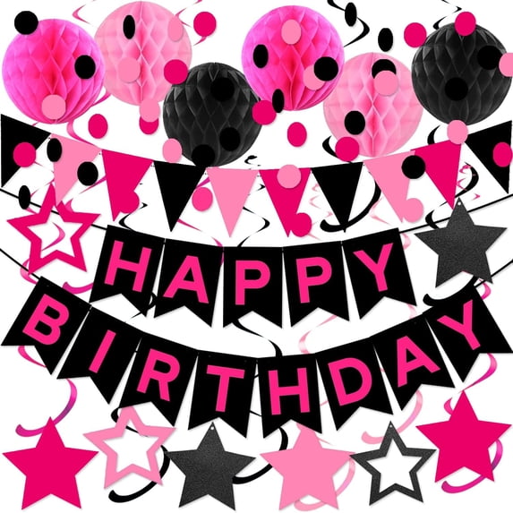 Black & Pink Birthday Party Decorations - Happy Birthday Banner ...