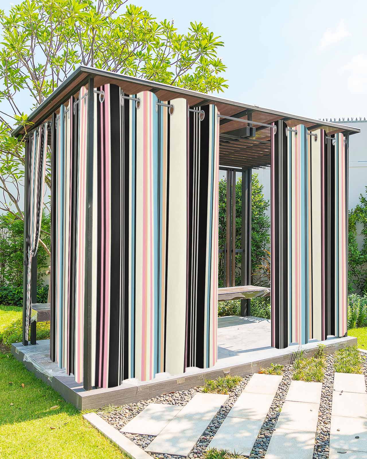 Black Pink Blue Striped Outdoor Curtains for Patio, Modern Stripes Art ...