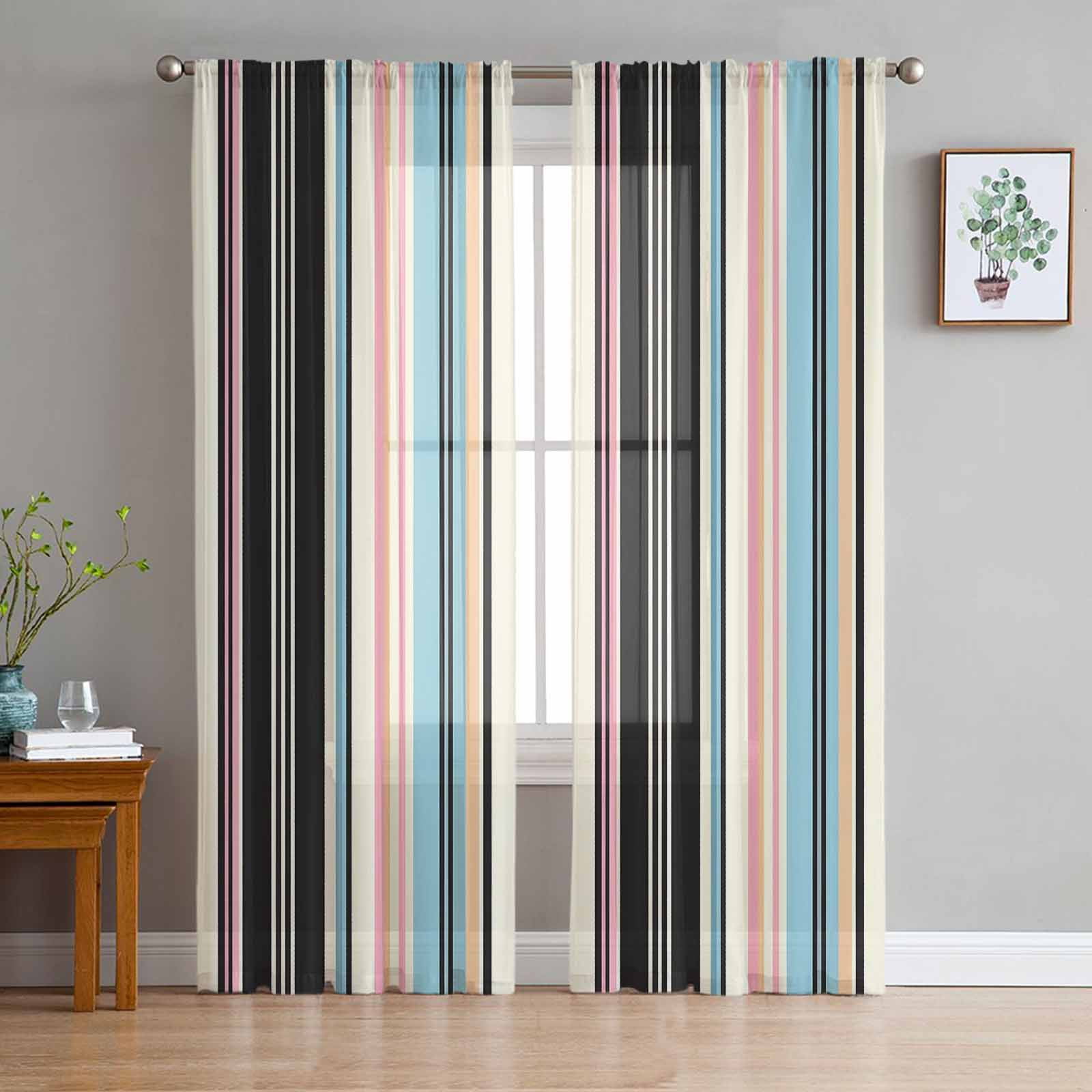 Black Pink Blue Striped Sheer Curtains 63 Inch Length 2 Panels Set ...