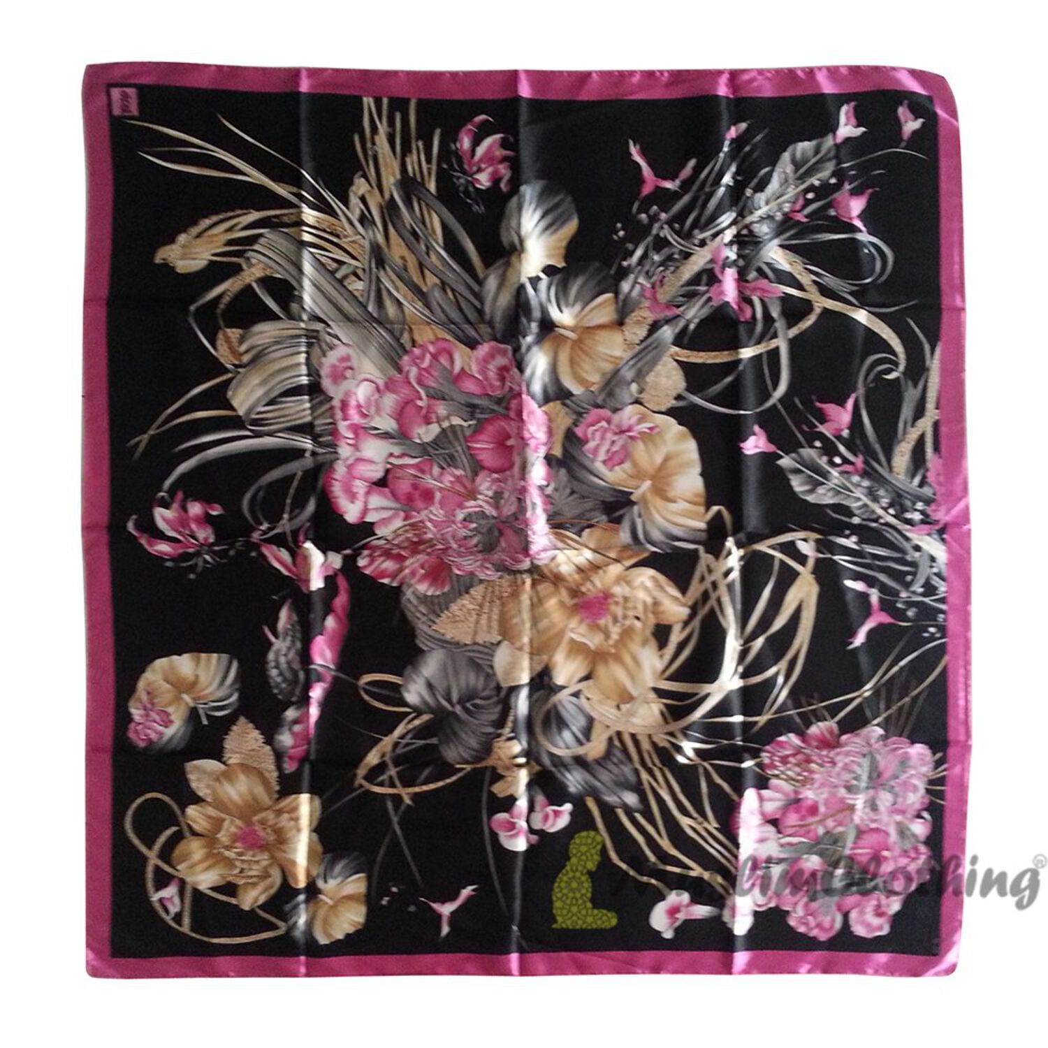 Black Pink Border Flower Design Supersatin Scarf Hijab Shawl Islamic ...