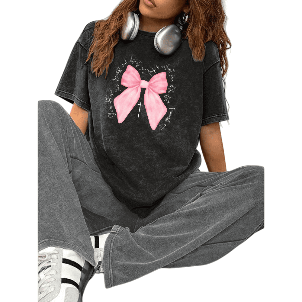 Black Pink Bow Cross Washed Print Tshirt Graphic Tees Shirts Christian ...