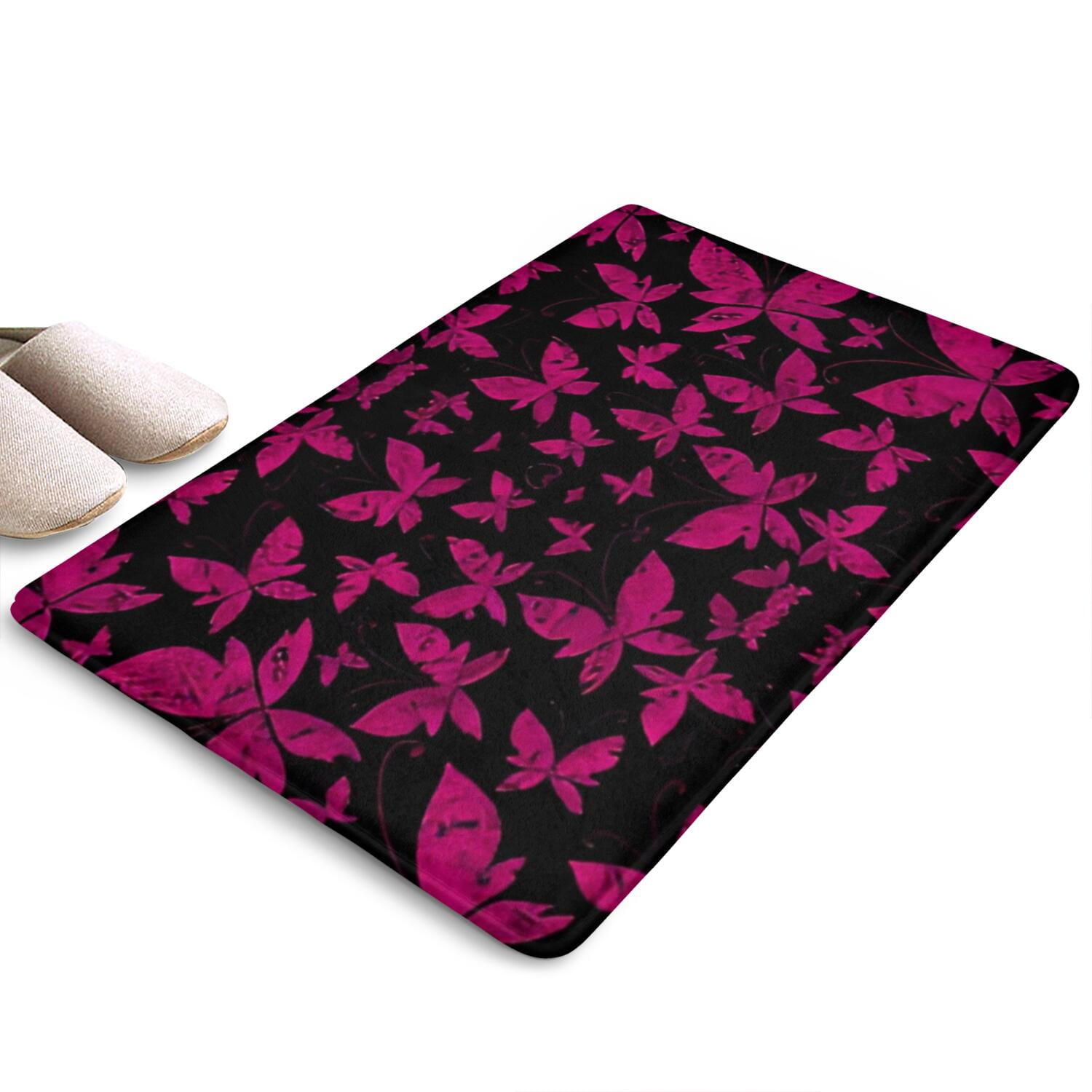 Black Pink Butterfly Pattern Flannel Non Slip Door Rugs,Washable Door ...