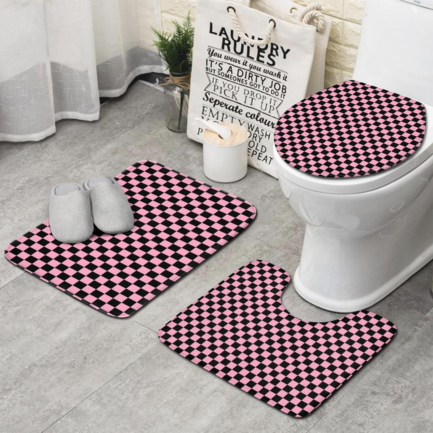 Black and Pink Checkerboard Pattern Bathroom Rugs Sets 3 Piece,Toilet ...