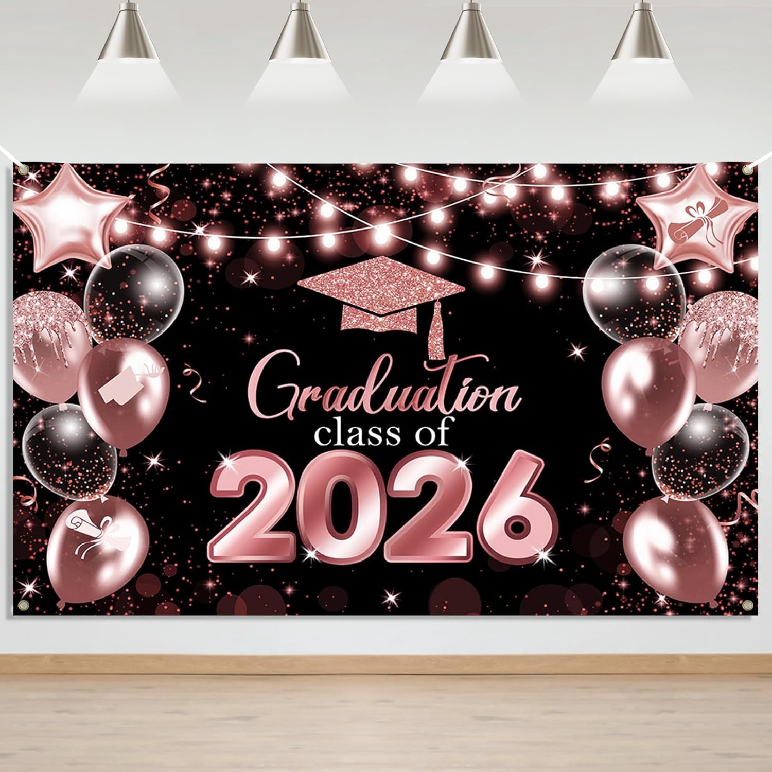 Black Pink Congrats Grad Backdrop Bachelor Cap Balloon Class of 2026 ...