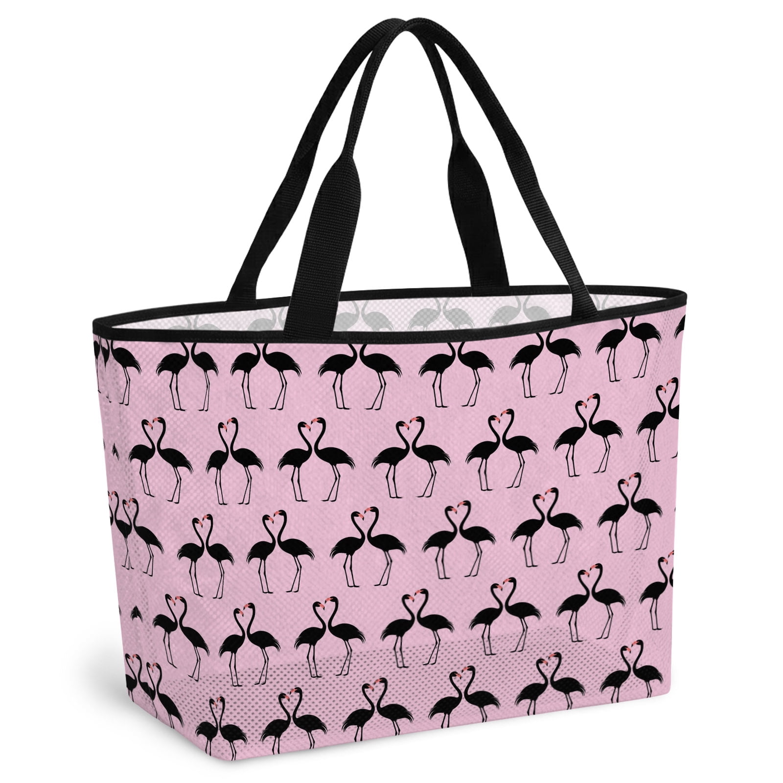 Black Pink Flamingos Beach Bag for Women, Large Breathable Mesh Beach ...