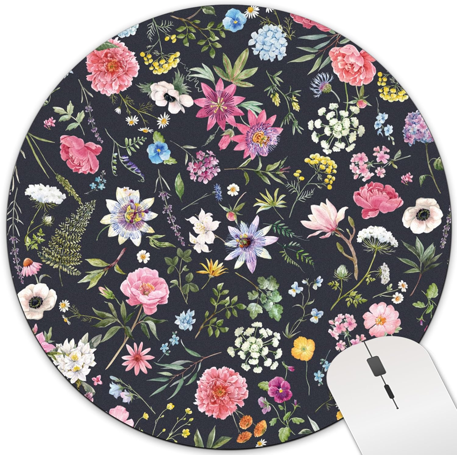 Black Pink Flower Round Mouse Pad Cute Nature Plant Floral Circle ...