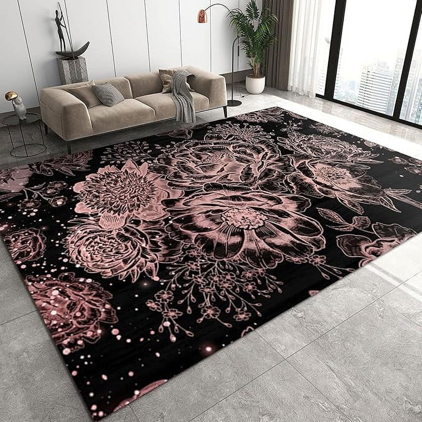 Black Pink Flowers Area Rug, Luxury Retro Soft Washable Carpet ...