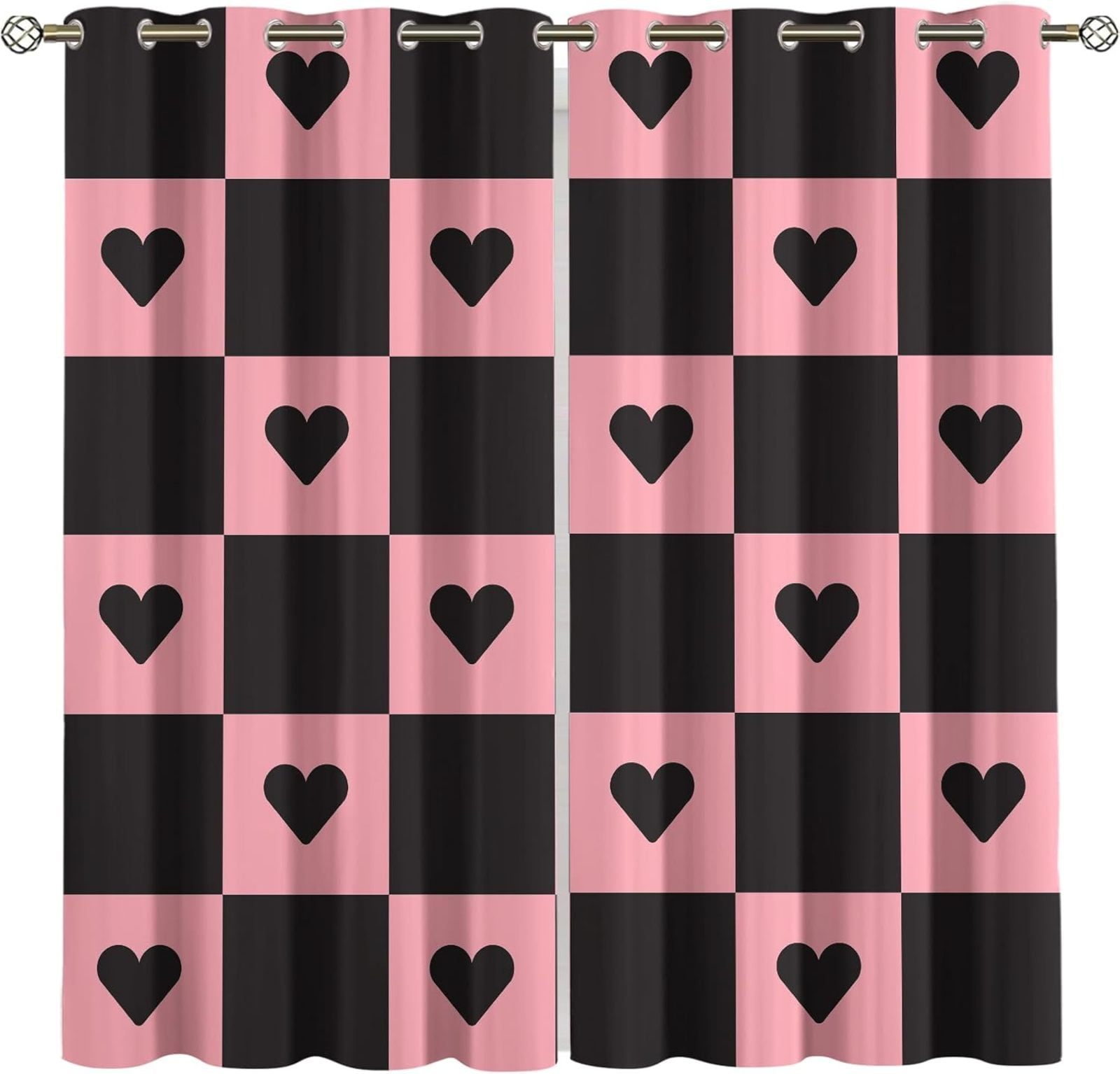 Black And Pink Geometric Square Grid Blackout Curtains, Abstract Heart ...