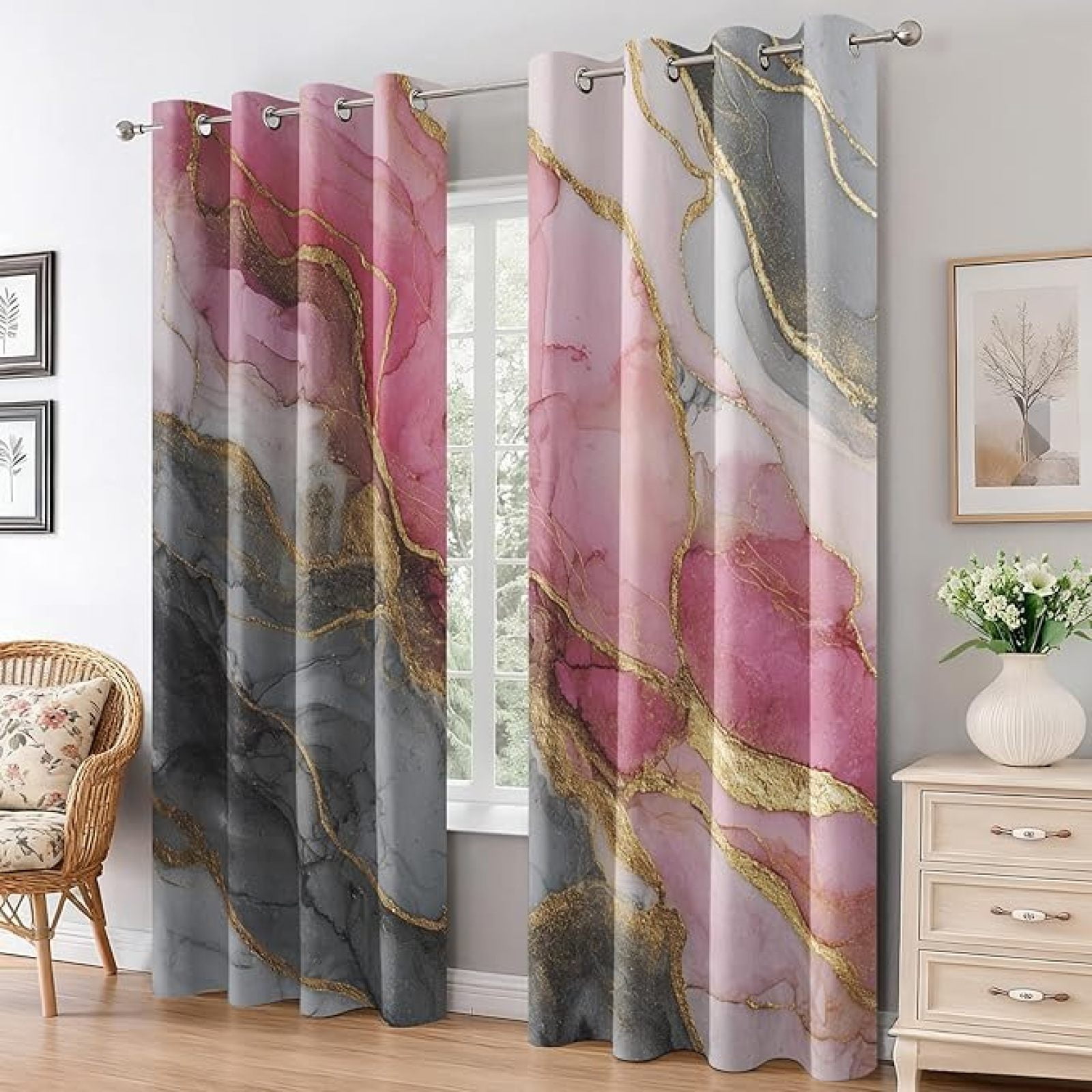 Black Pink Gold Marble Curtain for Living Room, Thermal Insulated ...