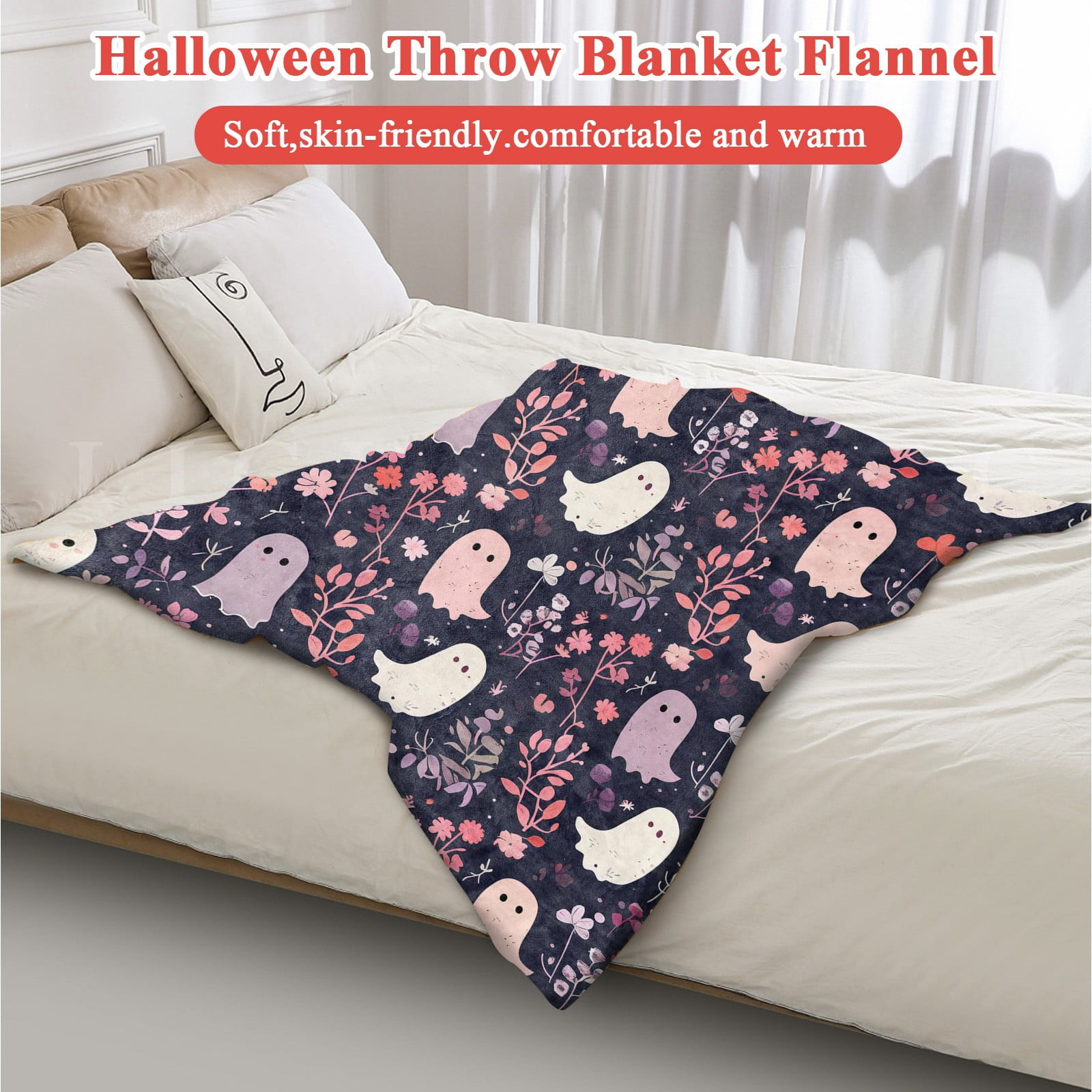 Black Pink Halloween Fleece Blanket Queen 51"x70" Kawaii Swing Ghost ...