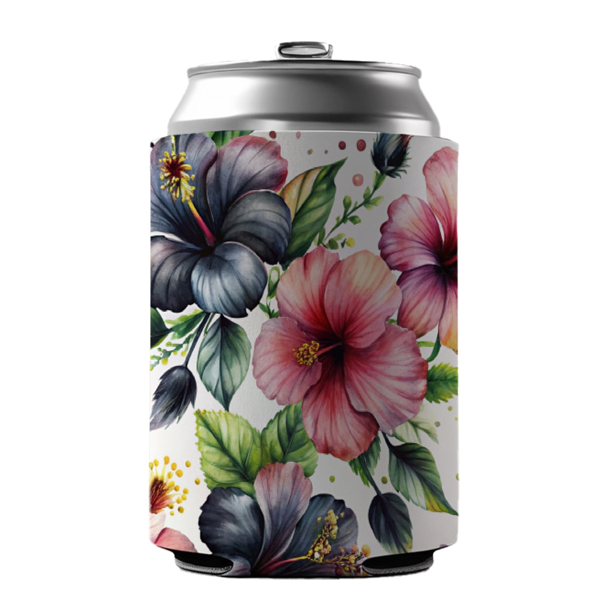 Black Pink Hibiscus Flowers Watercolor Drink Beer Soda Insulated Sleeve ...