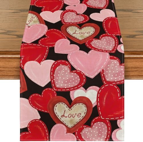 Black Pink Love Heart Table Runner, Seasonal Anniversary Kitchen Dining ...