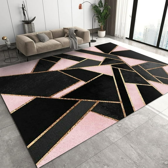Black Pink Marble Area Rugs, Golden Geometric Lines Abstract Rugs for ...