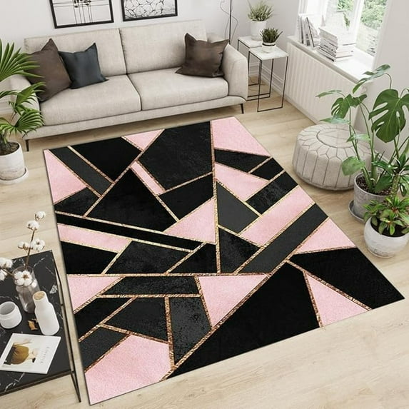 Black Pink Marble Texture Area Rug, Abstract Golden Lines Geometry ...