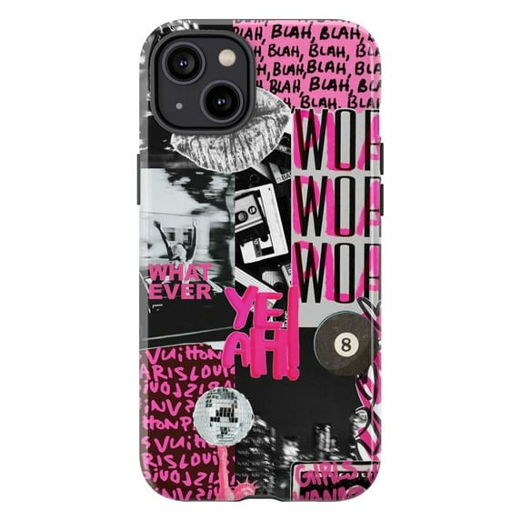 Black & Pink Pop Art Collage Phone Case, Retro Grunge Disco 8 Ball ...