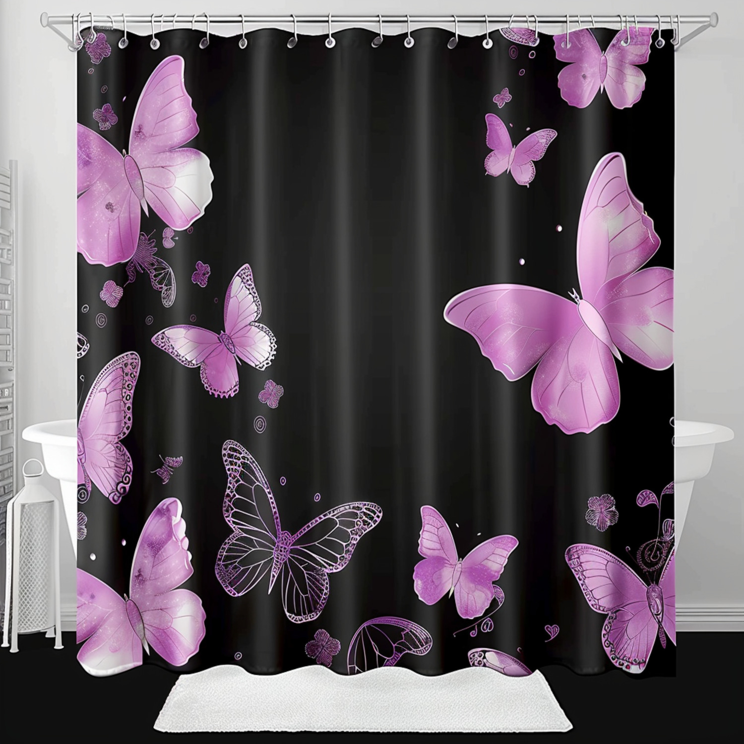 Black Pink Purple Butterfly Print Shower Curtain Set ching Door High ...