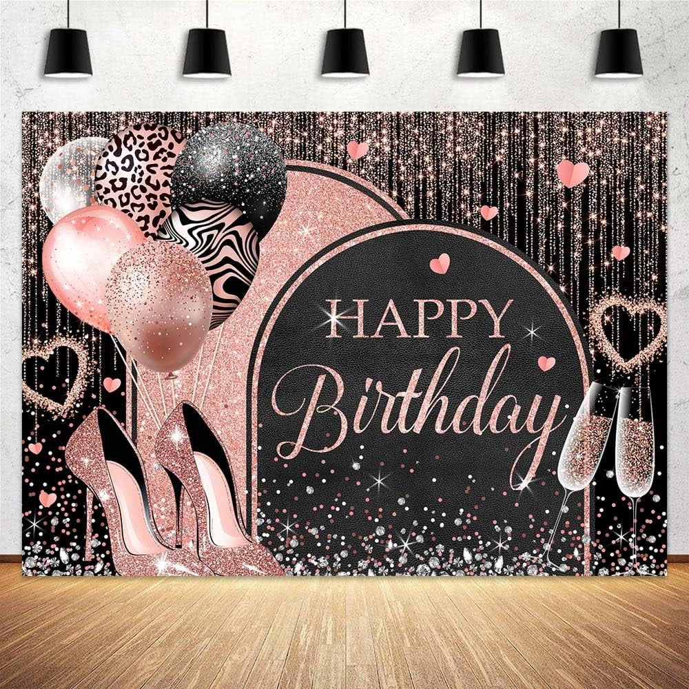 Black Pink Rose Gold Happy Birthday Backdrop Party Decorations Glitter ...