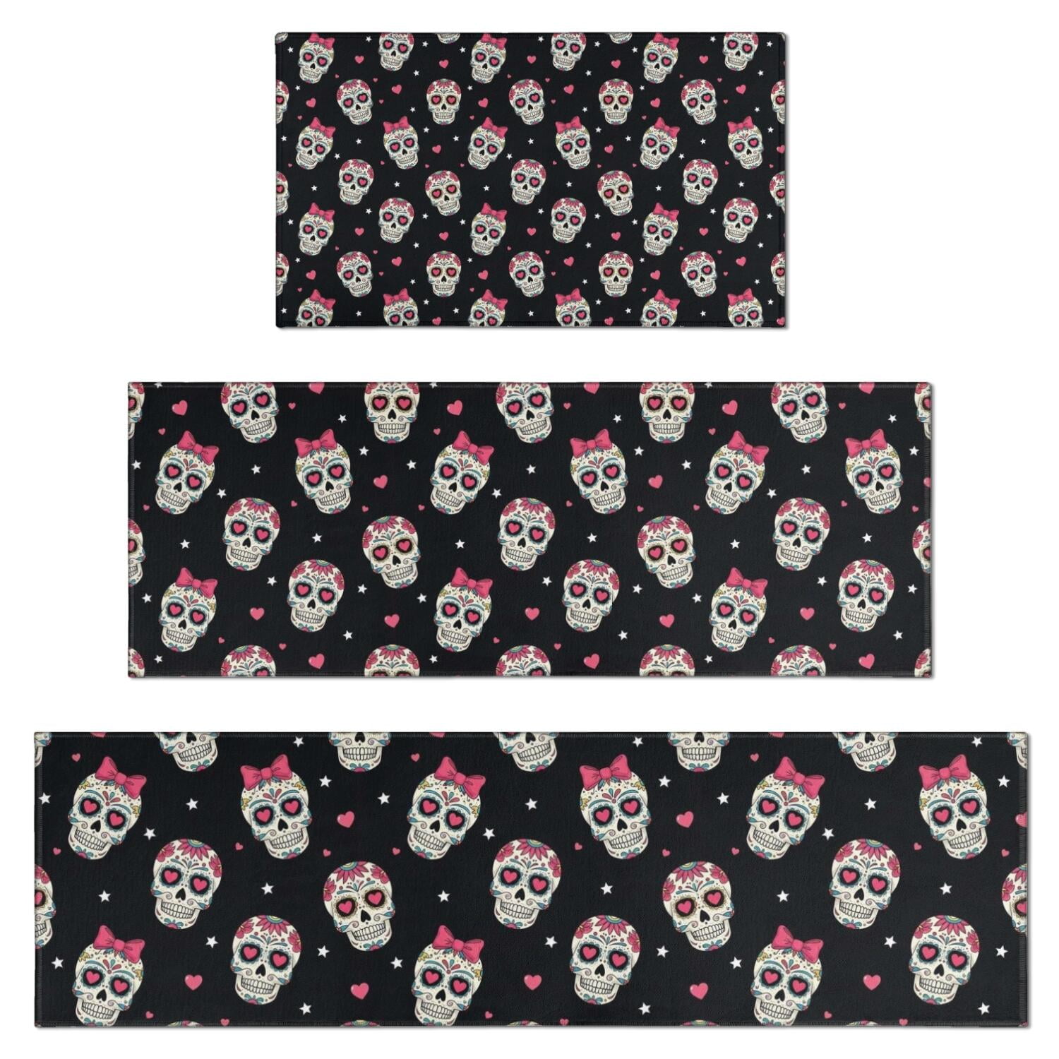 Black Pink Skull Pattern Kitchen Rugs Sets Of 3,Kitchen Runner Rugs Non ...