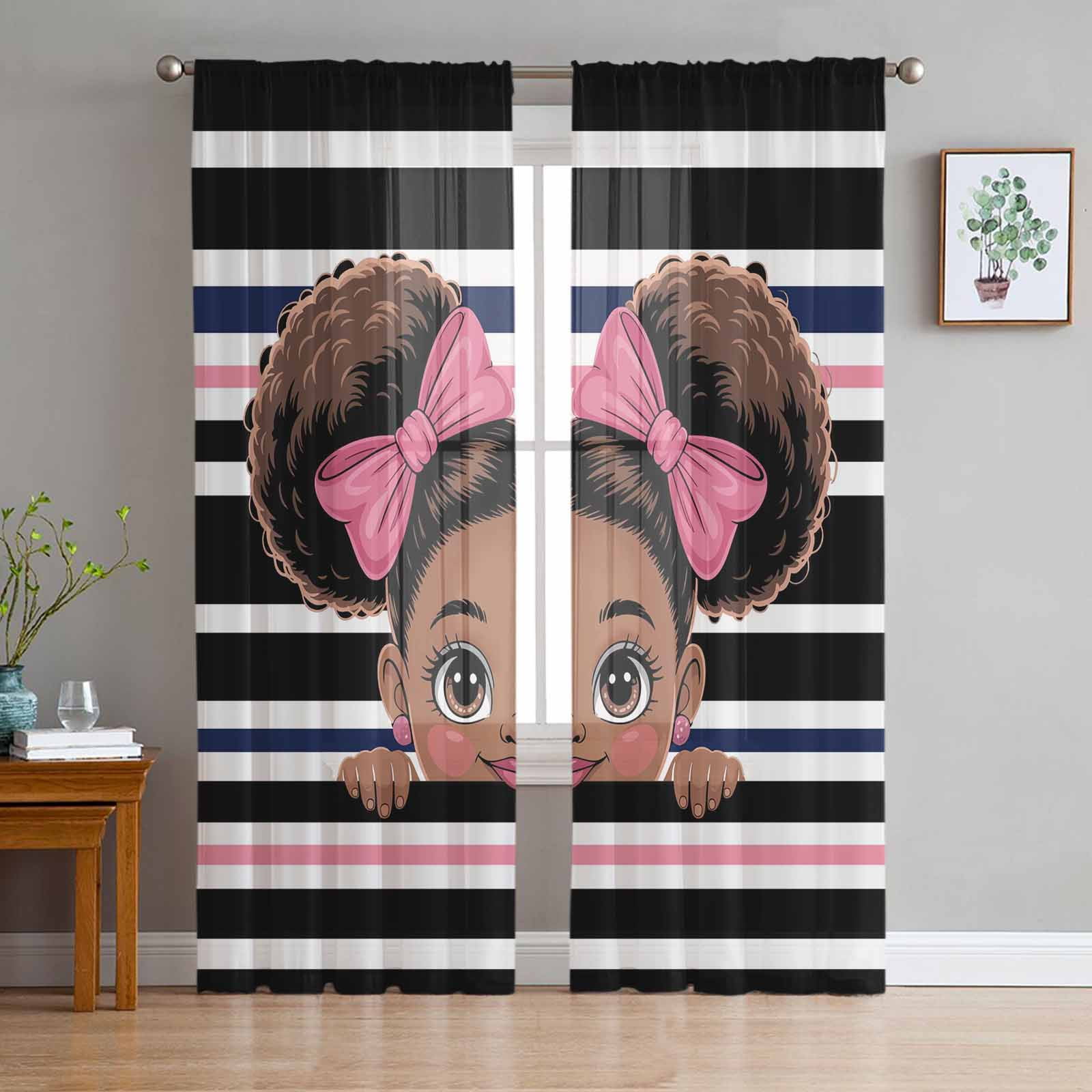 Black Pink Stripes Sheer Curtains 72 Inches Long 2 Panels Set, Window ...