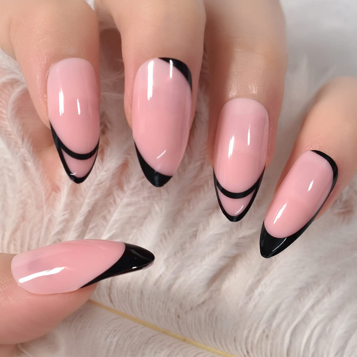 Black Pink U-shape Tips French Press On Nails Medium Almond False Nails ...