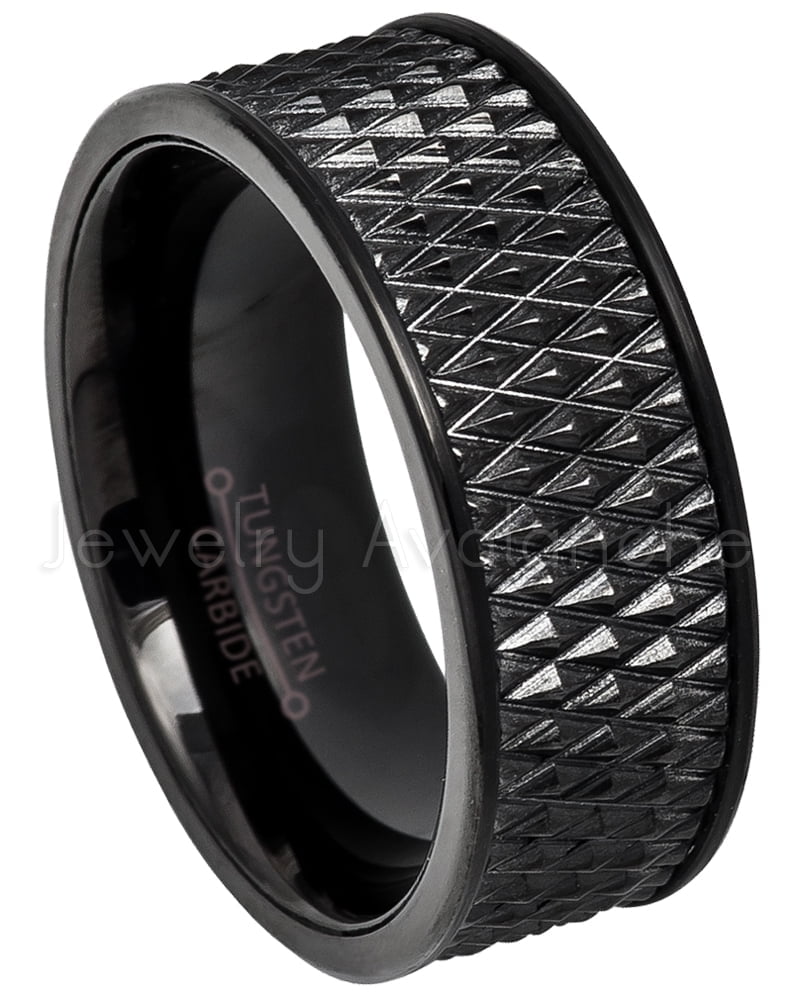 Black Pipe Cut Mens Tungsten Ring, Spike Texture Tungsten Carbide Ring ...