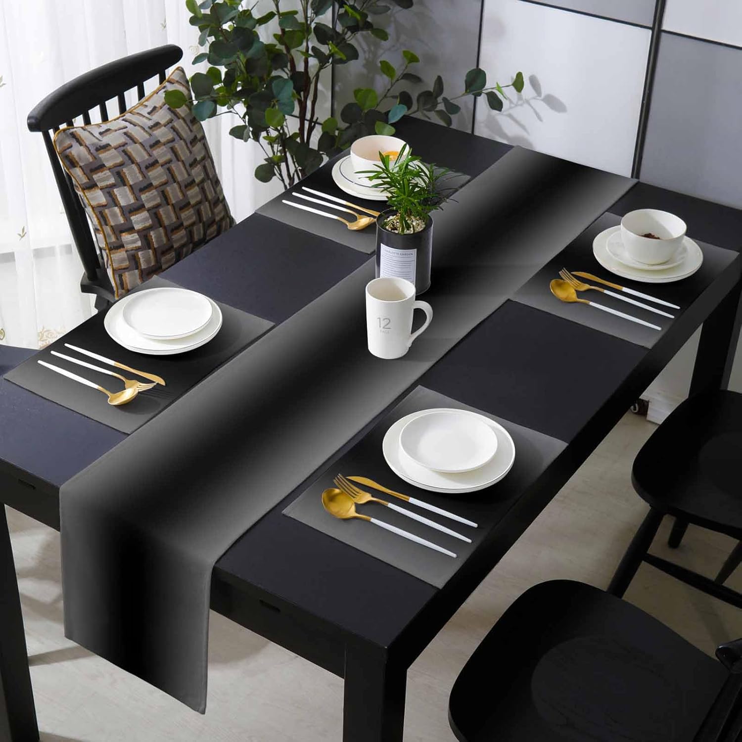Black Placemat with Matching Table Runner Linen Burlap Polyester Table ...
