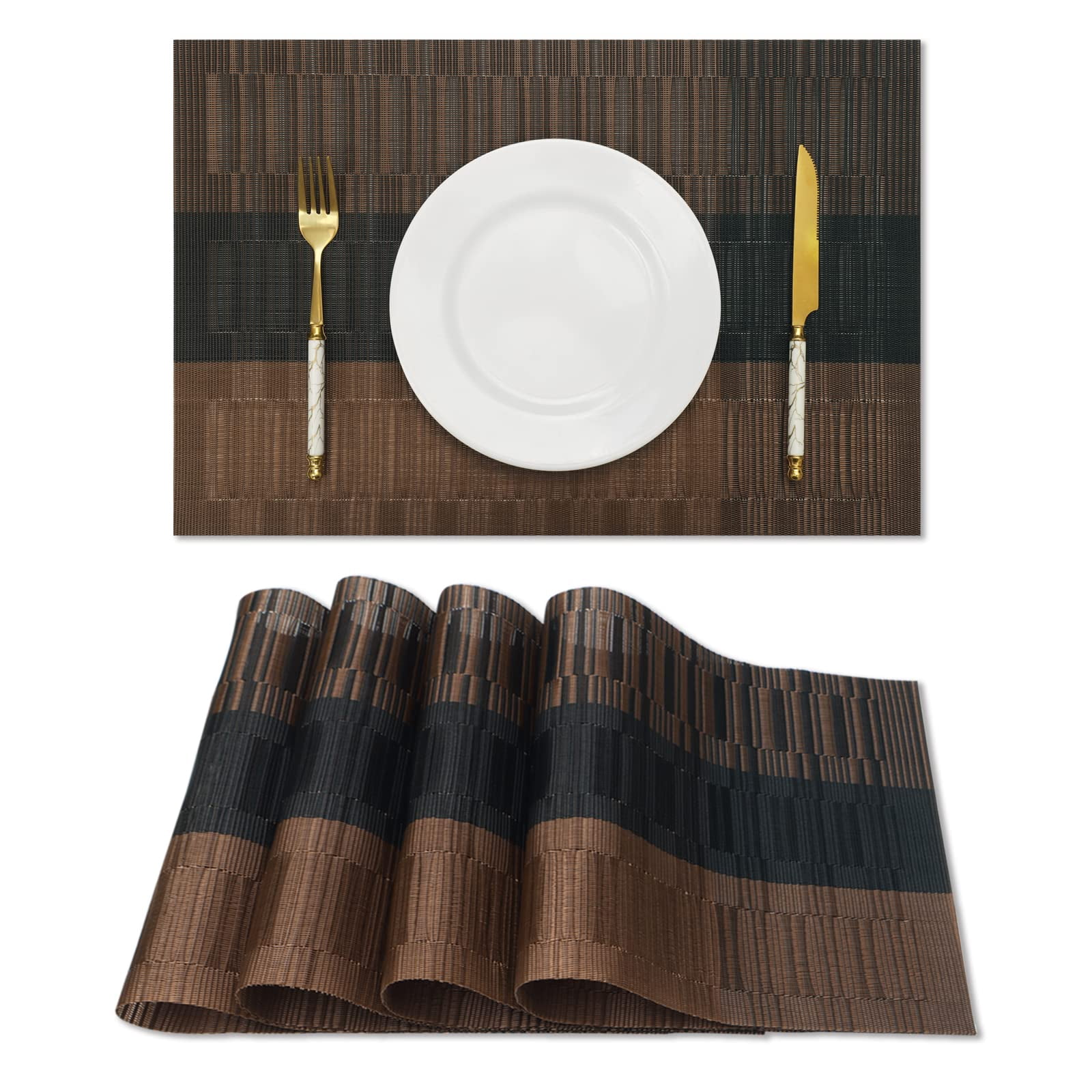 Black Placemat Set of 4 Heat Resistant Non-Slip Woven Vinyl Table Mats ...