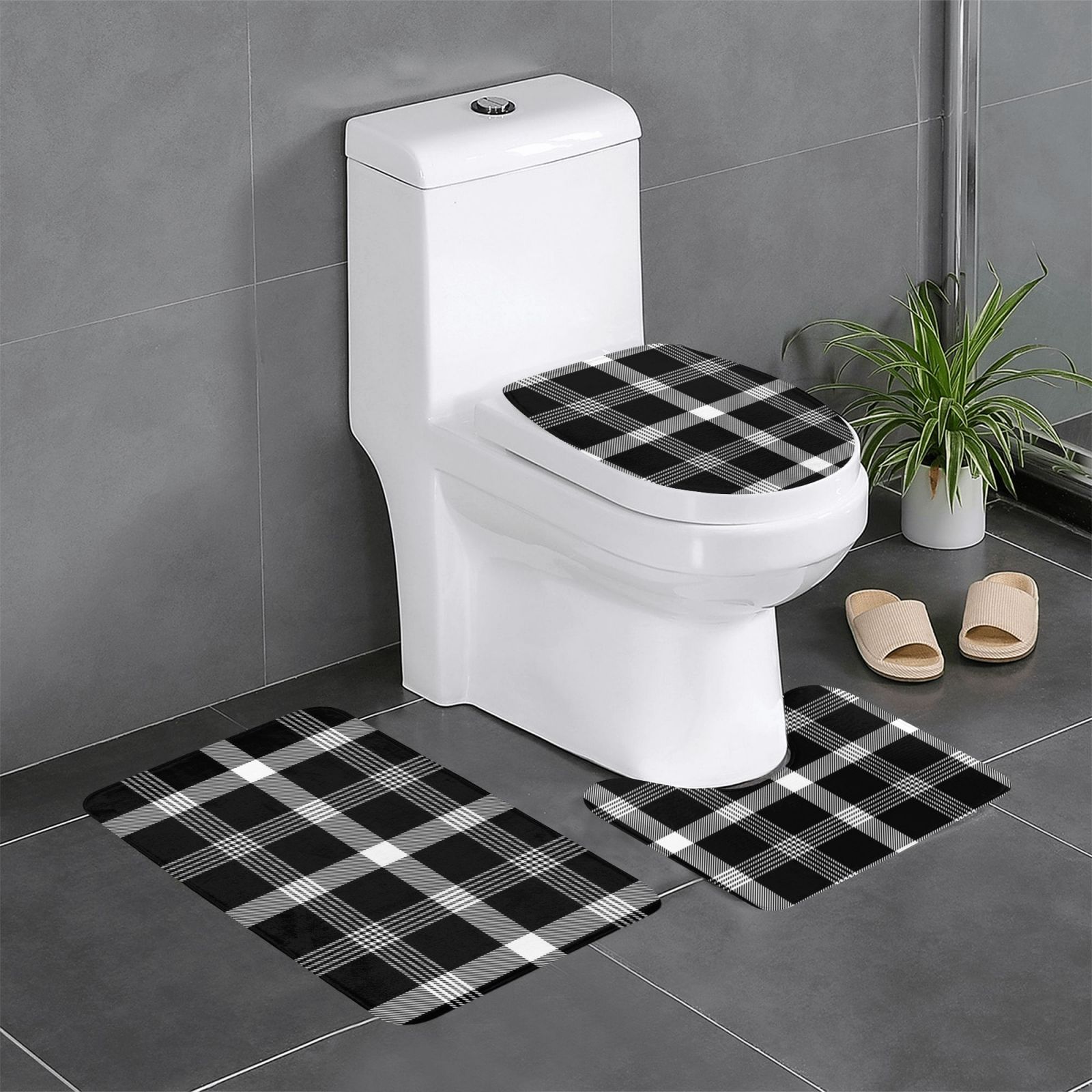 Black Plaid 3-Piece Set Of Flannel Bath Mats, Highly Absorbent Toilet ...