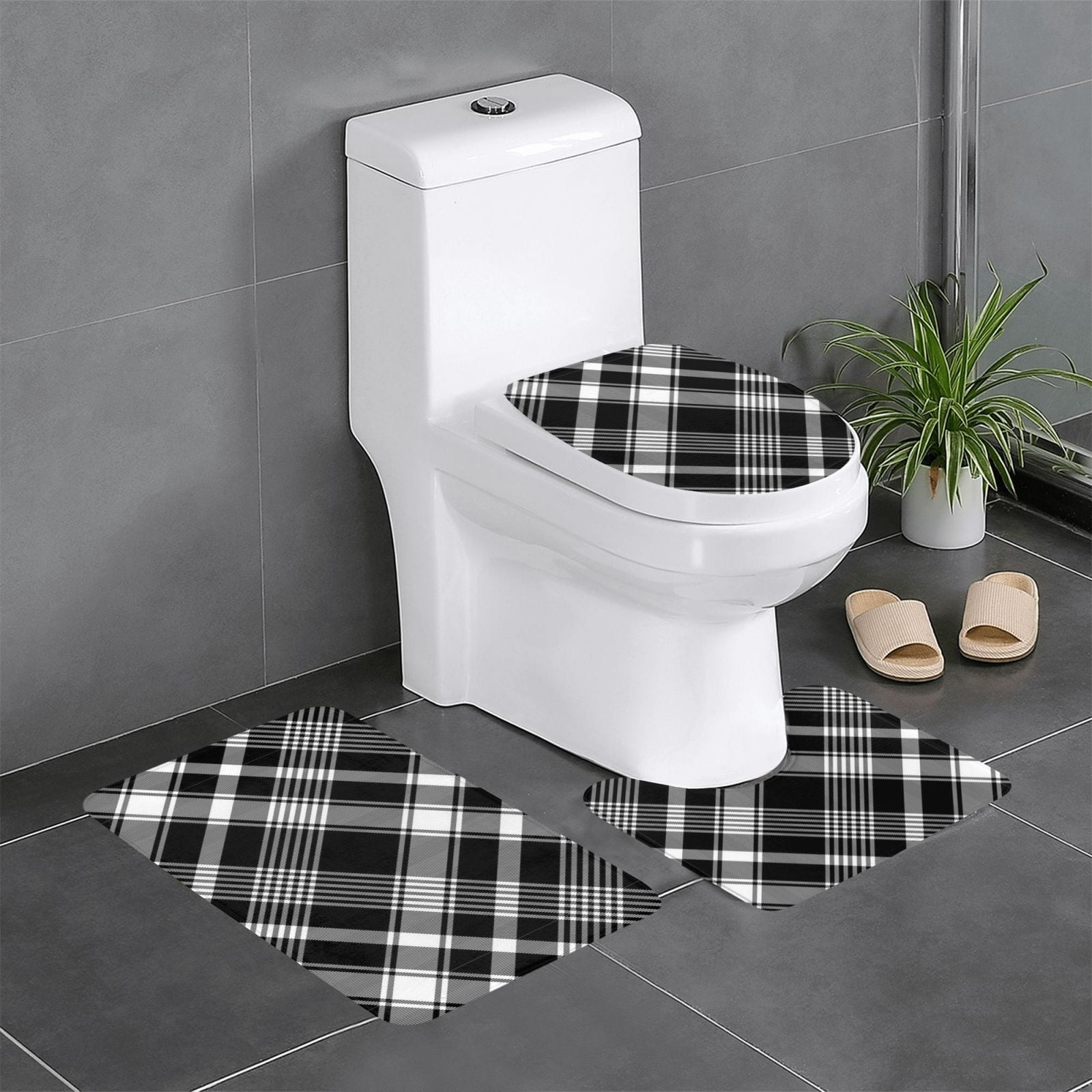 Black Plaid 3-Piece Set Of Flannel Bath Mats, Highly Absorbent Toilet ...