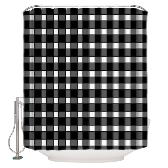 Black Plaid Bathroom Shower Curtains with 12 Hooks Polyester Waterproof ...