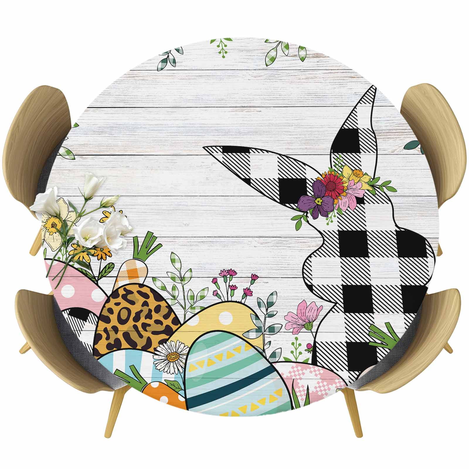 Black Plaid Bunny Easter Round Tablecloth 45-54 Inch Round Fitted Table ...