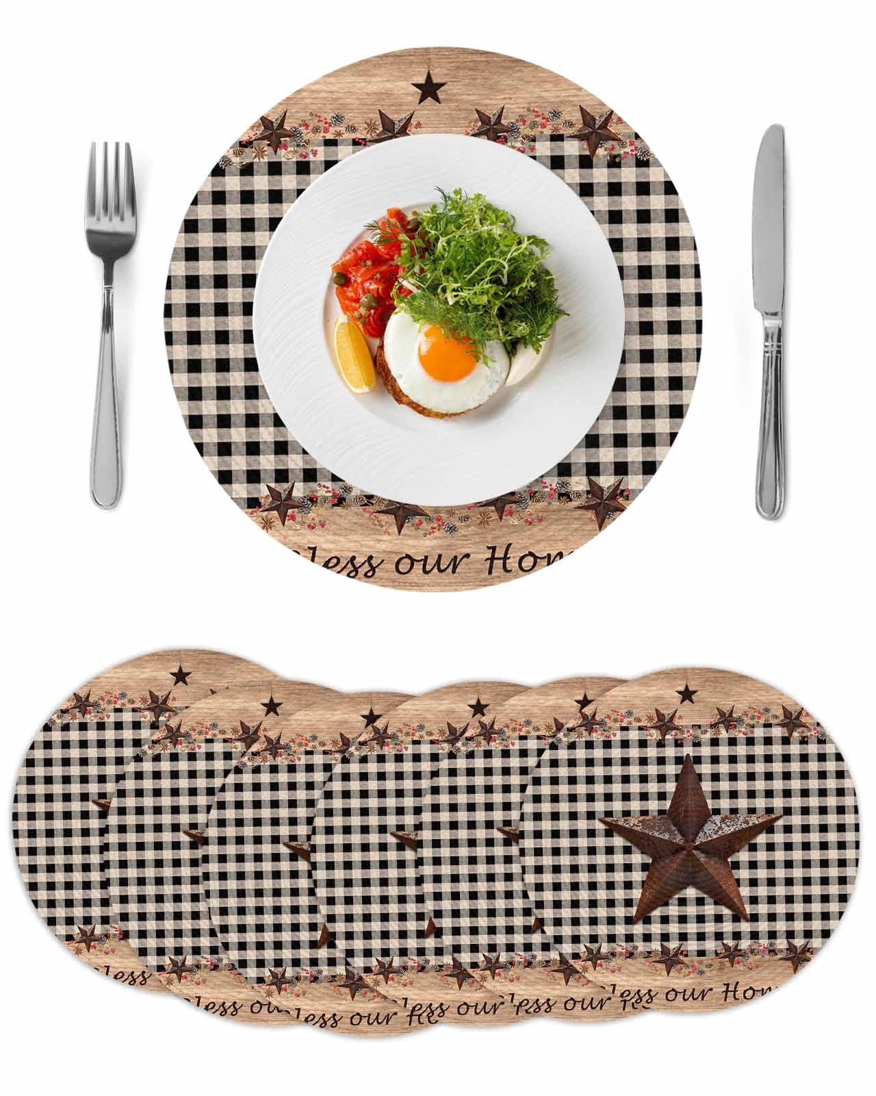 Black Plaid Country Star Round Table Placemats set of 6, Farmhouse Wood ...