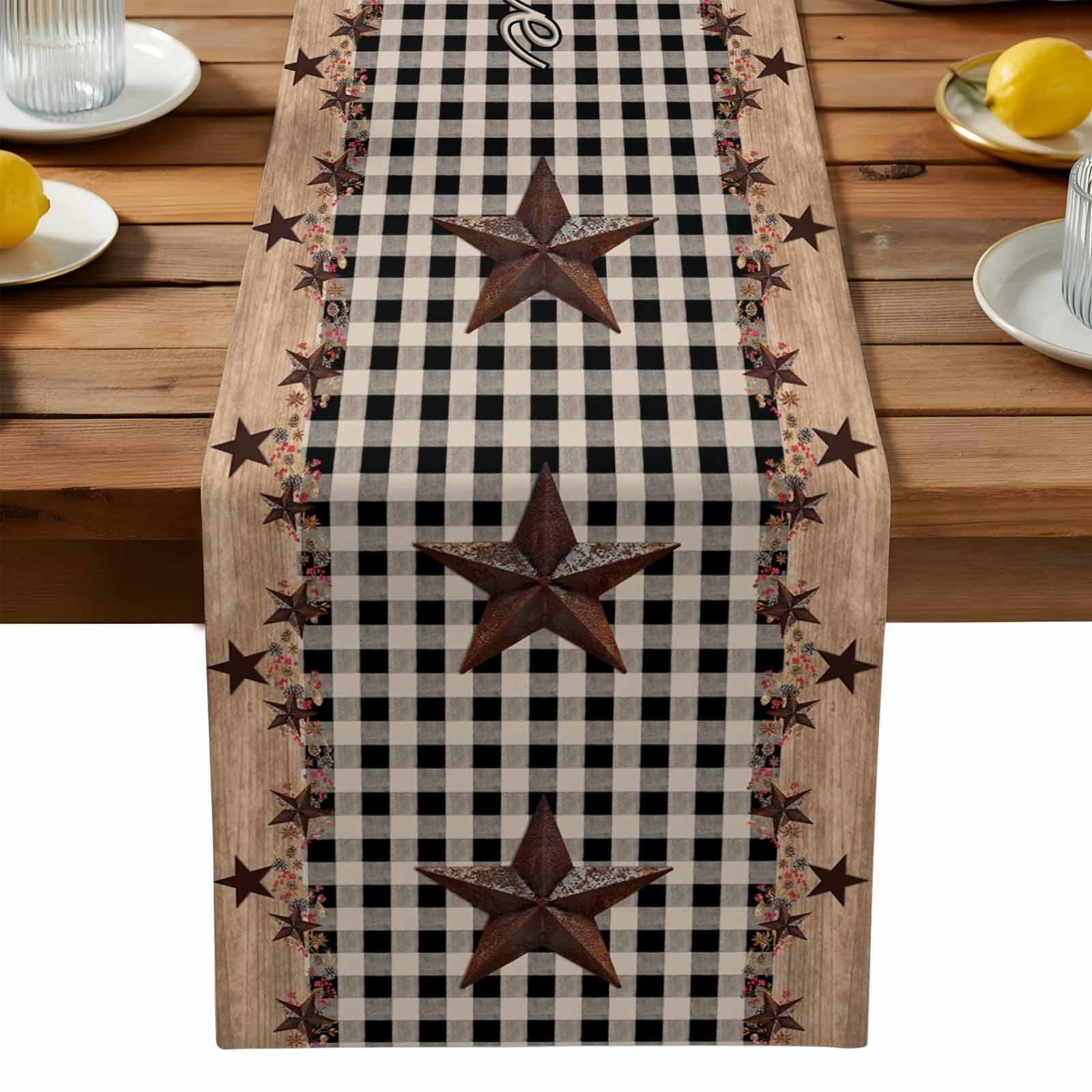 Black Plaid Country Star Table Runner, Farmhouse Wood Texture Cotton ...